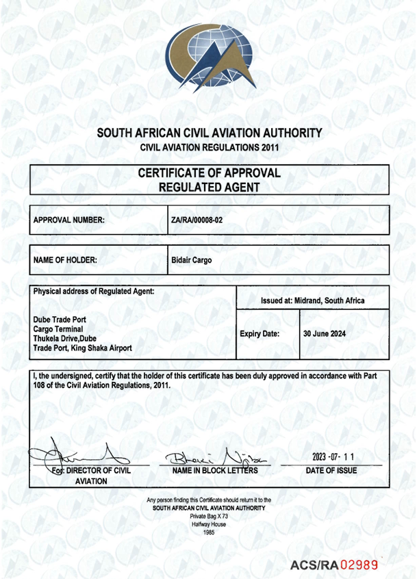 Accreditations and Certificates – Bidair Cargo