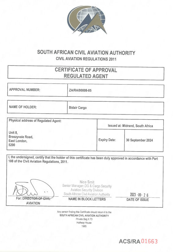 Accreditations and Certificates – Bidair Cargo
