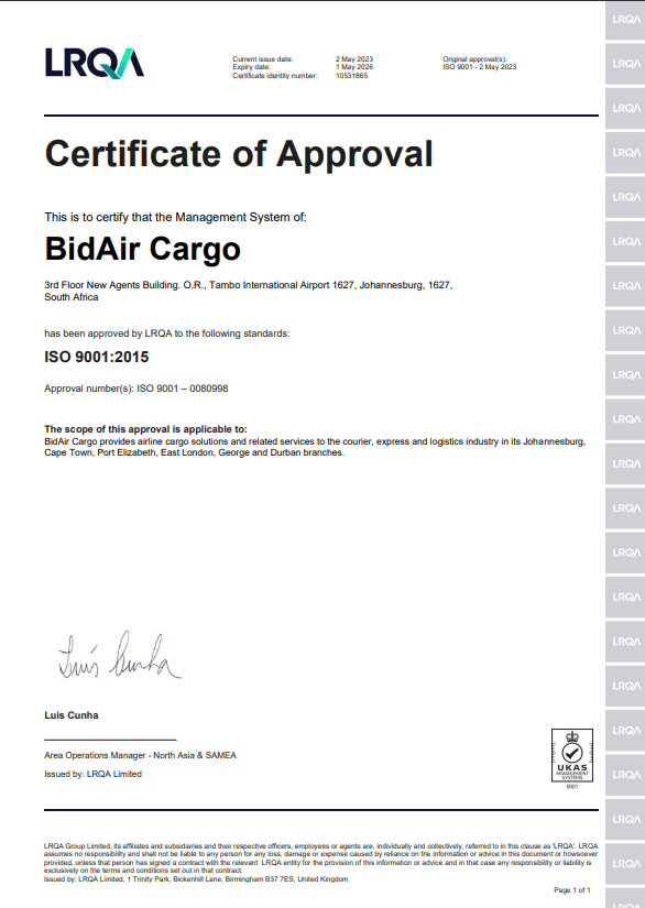 Accreditations and Certificates – Bidair Cargo